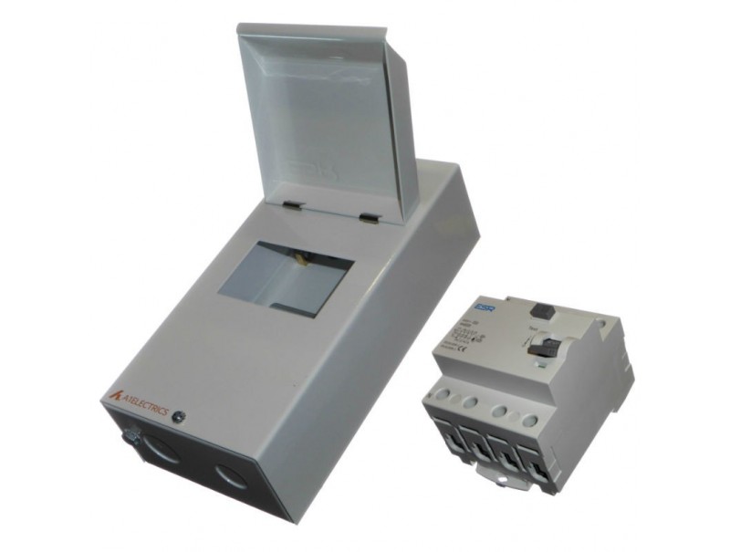 80 Amp 100mA Time Delay 4 Pole RCD Trip Switch inside a Metal Enclosure